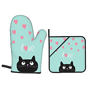Cute Black Cat Love Oven Mitts and Pot Holders 4pcs Sets，Funny Kitchen High Heat Resistant Oven Mitts，with Oven Gloves and Hot Pads Pot Holders for Baking Cooking BBQ Grilling