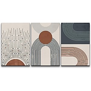 NWT Canvas Print Wall Art Set Mid-Century Modern Sun with Rays Geometric Circle Abstract Shapes Illustrations Modern Art Decorative Minimalist Multicolor for Bedroom - 16"x24" x 3