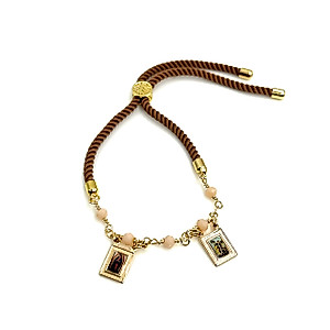 LESLIE BOULES Catholic Scapular Bracelet Crystal Beads & Brown Satin Cord