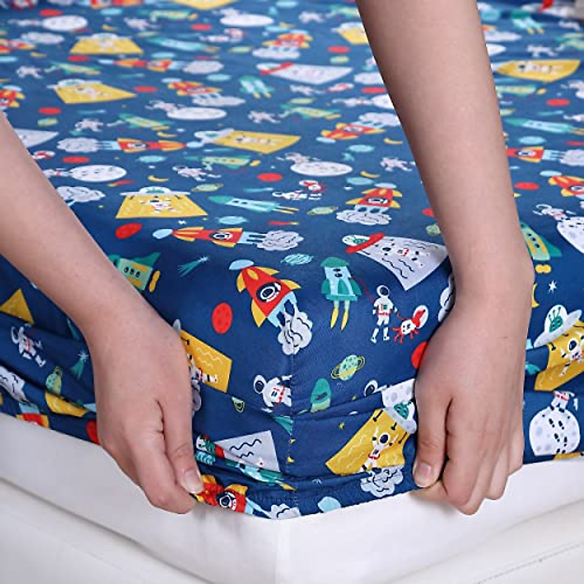 Poppy & Fritz Kids Twin Sheet Set, Stain Resistant Toddler Bedding, Soft & Cozy - Space Kids Blue