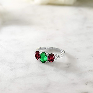 Gem Stone King 10K White Gold Green Simulated Emerald Red Rhodolite Garnet and Diamond 3-Stone Engagement Ring For Women (1.62 Cttw, Gemstone Birthstone, Available In Size 5, 6, 7, 8, 9)