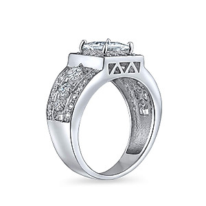 Bling Jewelry Personalize Square Cut Halo AAA CZ Art Deco Style Princess Engagement Ring For Women Wide 3 Row Band .925 Sterling Silver Promise Ring Custom Engraved