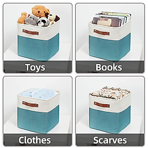 HNZIGE Fabric Storage Cube Bins Baskets for Organizing, 11 inch Cube Storage Bins, Set of 8, Collapsible Storage Bin with Handles, Closet Organizers and Storage Home Toy Nursery Bedroom(White Teal)