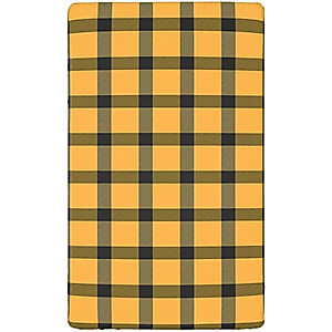 Plaid Themed Fitted Mini Crib Sheets,Portable Mini Crib Sheets Toddler Bed Mattress Sheets-Crib Mattress Sheet or Toddler Bed Sheet,24“ x38“,Black and Pale Orange