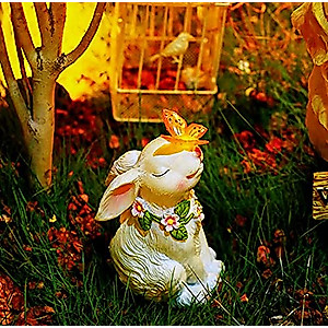 iRonrain Solar Garden Statues Rabbits with Butterfly Halloween Decoration Lights Sculpture, Solar Powered Outdoor Art Décor Bunny Figurine Ornament Resin Lights for Patio Lawn Front Yard (White)