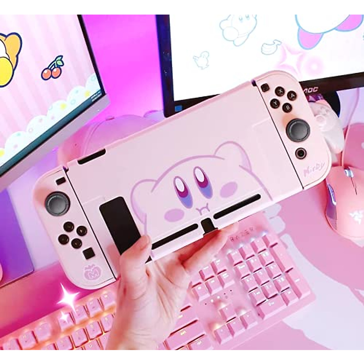 BelugaDesign Pink Puff Ball Case | Cute Kawaii Anime Pink Pastel Cover for Girls | Dockable Star Allies Forgotten Land | Compatible with Regular Nintendo Switch Standard [Video Game]