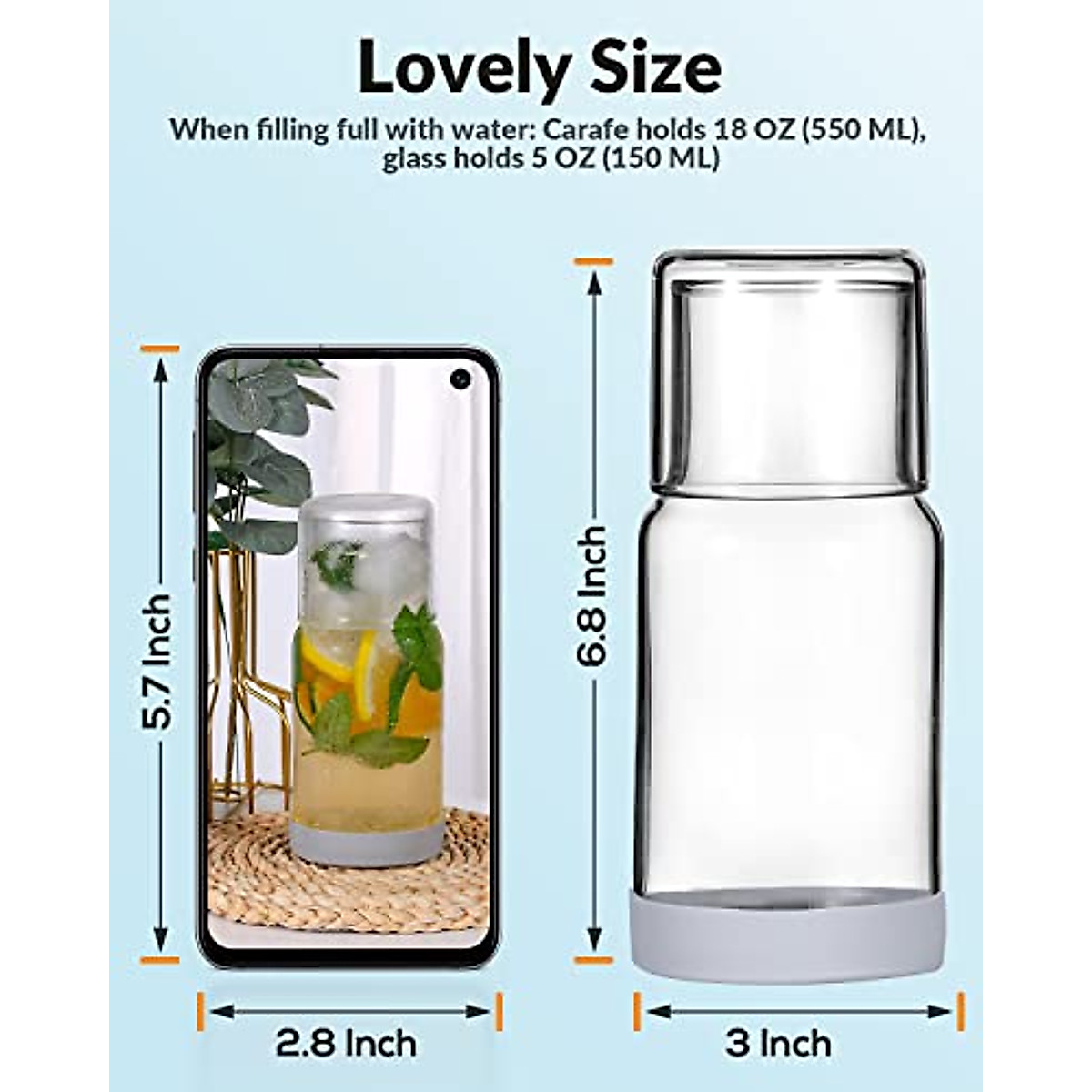 Bedside Nightstand Water Carafe and Glass Set, Night Water Carafe with Tumbler Cup, Clear Glass Mouthwash Dispenser for Bathroom, with Silicone Coaster, Heat and Cold Resistant, 18 OZ
