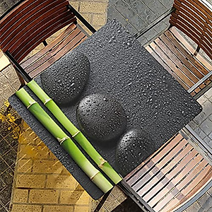 Poeticcity Black Zen Basalt Stones with Dew Green Bamboo on Dark Round Tablecloth with Elastic Edge, Washable Waterproof Table Cover Desk Cloth for Dining Indoor & Outdoor 40"-48" in Diameters