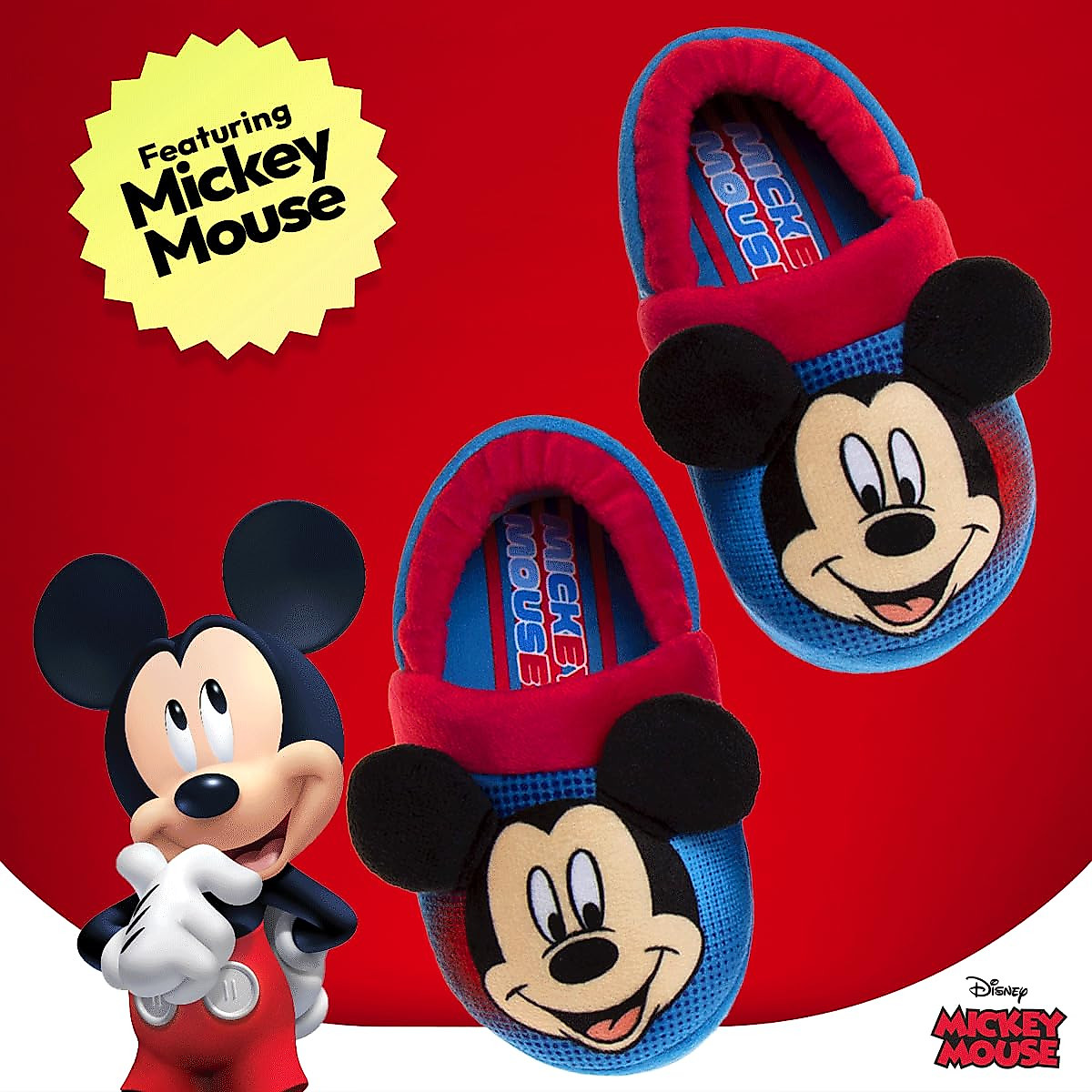 Disney Mickey Mouse Boys Slippers - Plush Lightweight Warm Comfort Soft Aline House Kids Shoes Slippers - Blue/Red (size 7-8 Toddler)