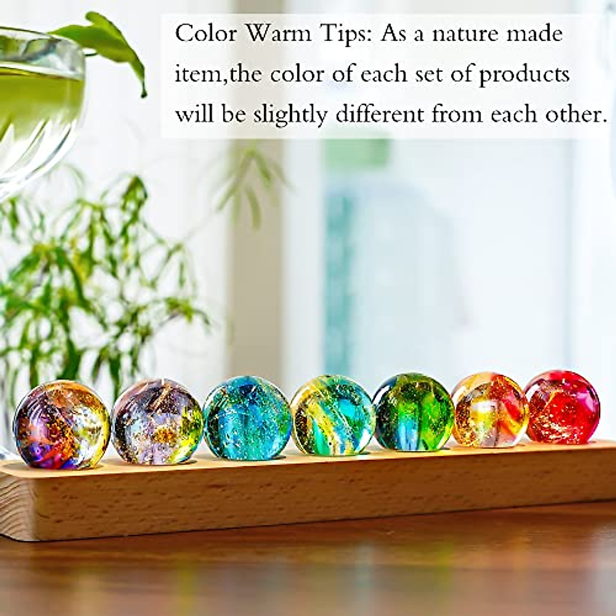 KRISININE 7 Chakra Natural Healing Spheres with LED Wooden Stand 40mm Crystal Quartz Stones for Meditation Positive Energy Night Light Decoration Balls Set for Home Gift Boxed USB