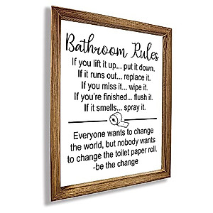 WTRA Funny Bathroom Rules Sign Rustic Farmhouse Wall Art Decor, Toilet Wood Frame Hanging Signs 16x6 Inch, Modern Farmhouse Room Wall Art For Bedroom Living Home Decoration Solid Art Signs