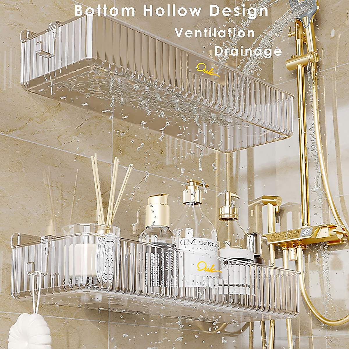 Veefos 2 Pack Hanging Shower Caddy Wall Mounted, Clear Storage Bathroom Shelf Shower Organizer, Self-Adhesive Floating Shelves Wall Makeup Organizer Basket, No Drilling