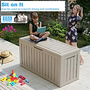 MAIUSCOLI 80 Gallon Waterproof Outdoor Storage Box,Resin Deck Box,Lockable Outside Storage Box Container for Patio Furniure,Garden,Pool Tools (80 Gallon,Light Brown)