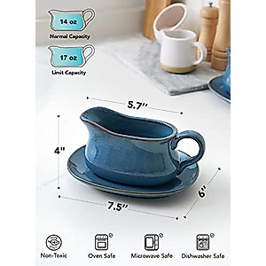 LE TAUCI 17oz Gravy Boat with Saucer Stand, Set of 1, Ceramic Sauce Boat with Tray for Salad Dressings, Creamer, Broth, Black Pepper, Ceylon blue