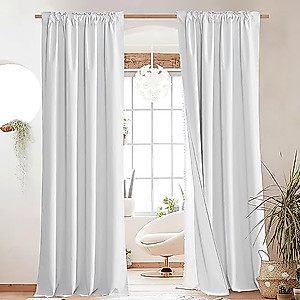 NICETOWN Back Tab 100% Blackout Linen Curtains with Thermal Insulated White Liner, White, 52 inches Wide, 84 inches Length Energy Saving Curtains for Living Room 2 Panels Set, Vertical Blinds