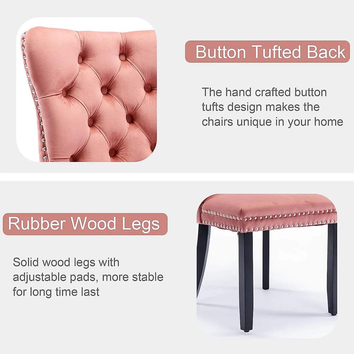 Rhomtree Contemporary Button Tufted Dining Chairs High-end Velvet Upholstered Dining Chairs with Nailhead Back and Ring Pull Trim Wood Kitchen Chairs for Dining Room (Pink 01, Set of 8)