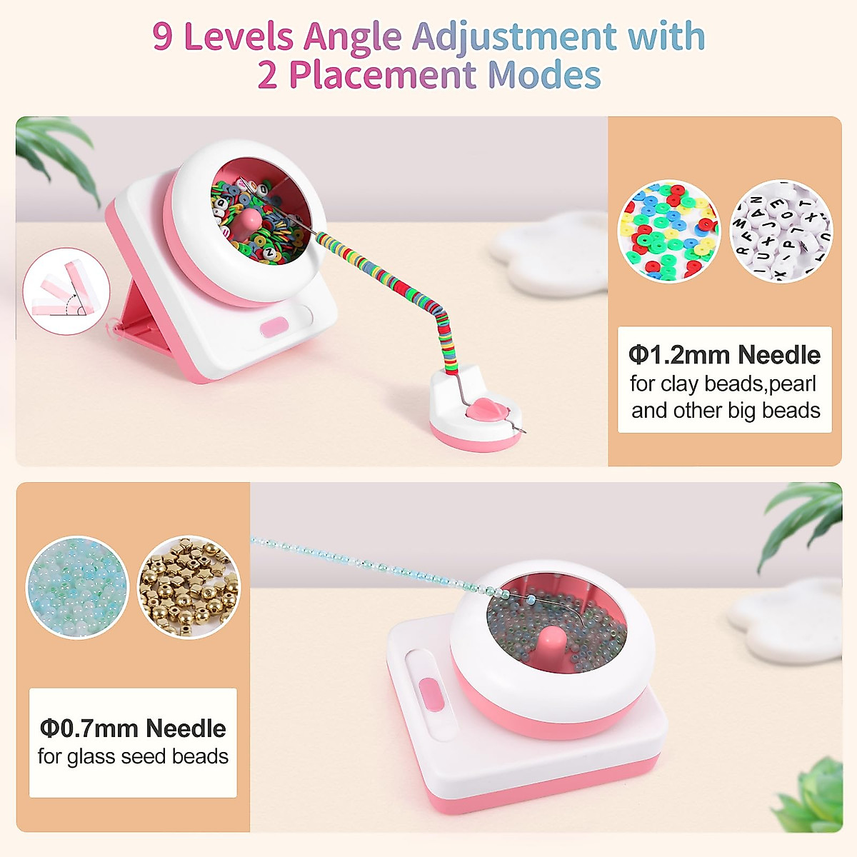 Electric Bead Spinner, Cordless Clay Bead Spinner Rechargeable with 3 Speeds 9 Adjustable Angles and Needles, Automatic Seed Bead Spinner for Bracelet Jewelry Necklaces Making, Gift Ideas for Girls