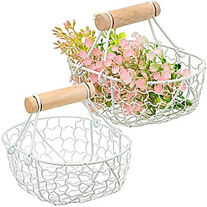 2 Pcs Rustic Flower Girl Baskets for Weddings Country Metal Wedding Basket with Wood Handle White Wire Vintage Basket for Wedding and Home Decor