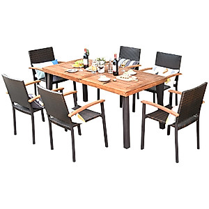 Tangkula 7-Piece Wicker Patio Dining Set, Patiojoy Outdoor Rattan Garden Yard Furniture Set, Acacia Wood Tabletop Dining Table with Umbrella Hole & 6 Stackable Rattan Chairs Set