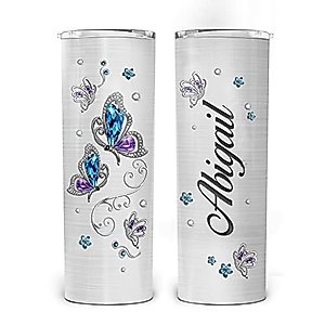 Wassmin Personalized Butterfly Skinny Tumbler Customized Stainless Steel Vacuum Insulated Tumbler With Lid 20 Oz Double Walled Insulated Coffee Cup for Gym Fitness Travel Office Use For Women