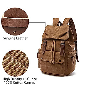 PNMNBW Canvas Backpack Rucksack Genuine Leather Casual Daypack College Bookbag for Men Women Outdoor Cycling Hiking Travel Laptop Khaki