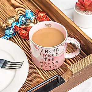 Hendson Breast Cancer Survivor Gifts for Women - Cancer Picked The Wrong - Ovarian, Breast Cancer Awareness, Chemotherapy, Gifts for Cancer Patient - Pink Marble Mug, Ceramic Coffee Cup