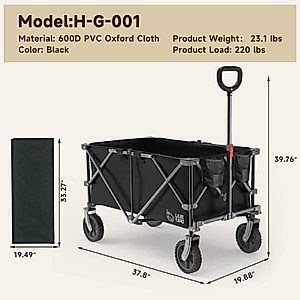 LAZEYARD Collapsible Wagon Cart,Foldable Heavy-duty Wagon Cart with Universal Wheels and Adjustable Handle,220lbs Capacity Folding Garden Utility Wagon with 2 Drinking Holders for Outdoor Shopping