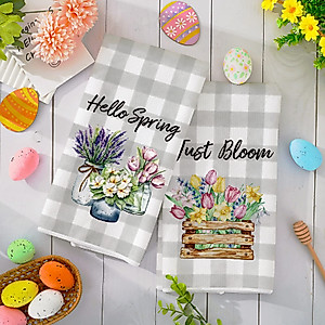 AnyDesign Hello Spring Kitchen Towels Spring Floral Blossoms Dish Towel 18 x 28 Inch Gray White Buffalo Plaids Flower Hand Drying Tea Towel for Cooking Baking Cleaning Wipes, Set of 2