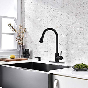 Hovheir Matte Black Kitchen Faucet with Soap Dispenser, Single Handle Pull Down Kitchen Faucet, High Arch Single Handle Stainless Steel Pull Out Sprayer Kitchen Sink Faucet