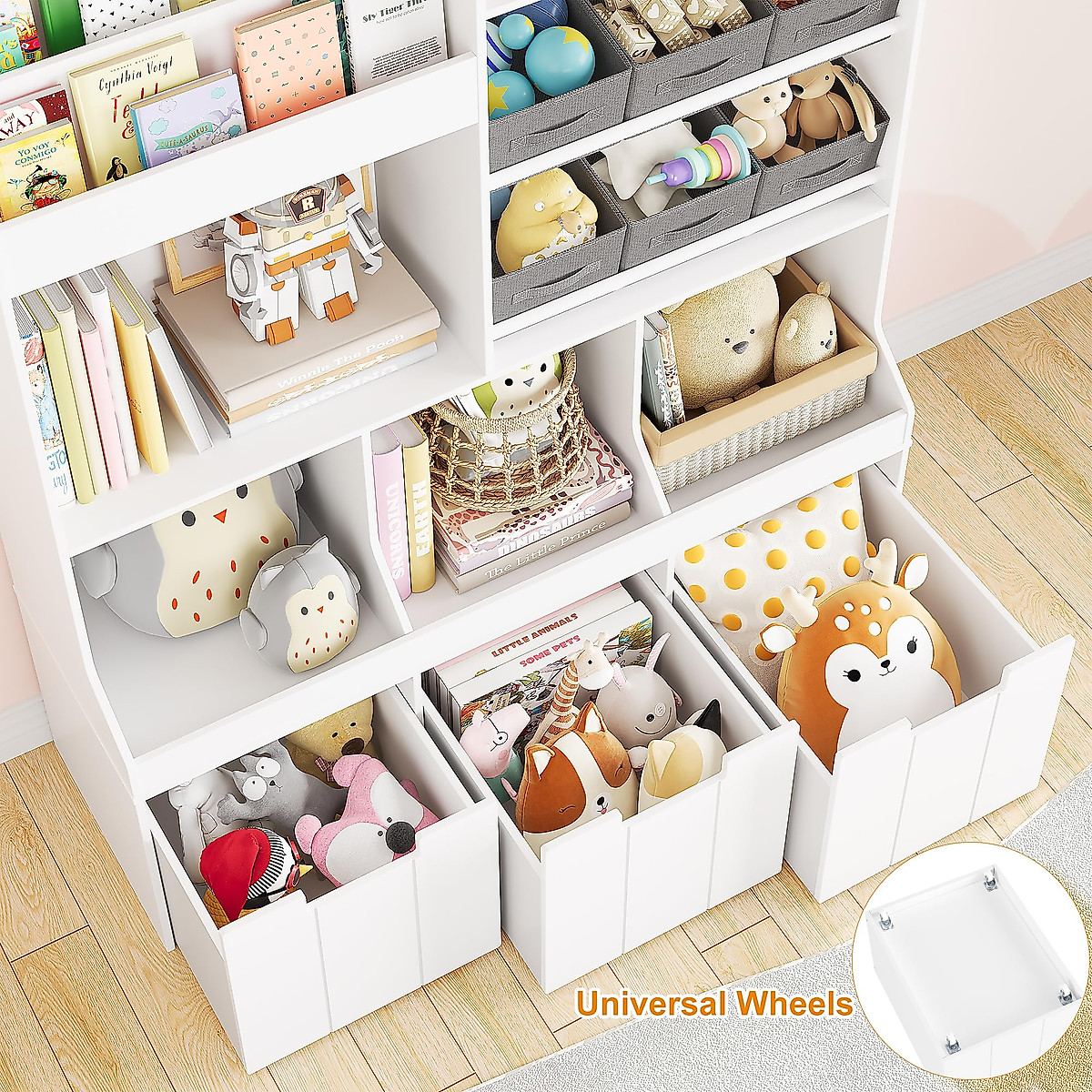 BOTLOG 50.2" Toy Organizers and Storage with Rolling Drawers, Kids Bookshelf and Toy Storage with 6 Fabric Drawers, Floor Storage Cabinet Toy Chest for Kids Room, Playroom, White, Modern