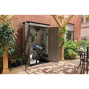 Rubbermaid Vertical Resin Outdoor Storage Shed, With Floor (4 x 2.5 Ft), Weather Resistant, Brown, Organization for Home/Backyard/Garden Tools/Porch/Patio Cushions/Pool Chemicals/Toys