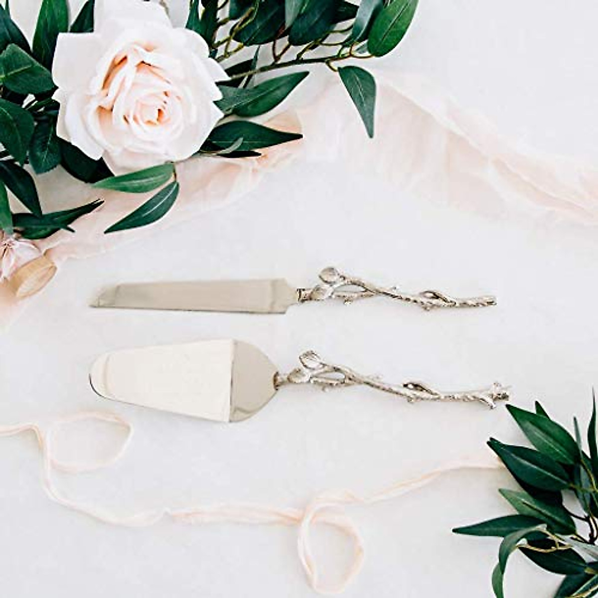 Elegant Rustic Cake Server and Knife Set with Beautiful Leaf Design, Ideal Cake Cutting Set For Wedding Party's and Elegant Events, 2 Piece Silver Twig Pie Server Set…