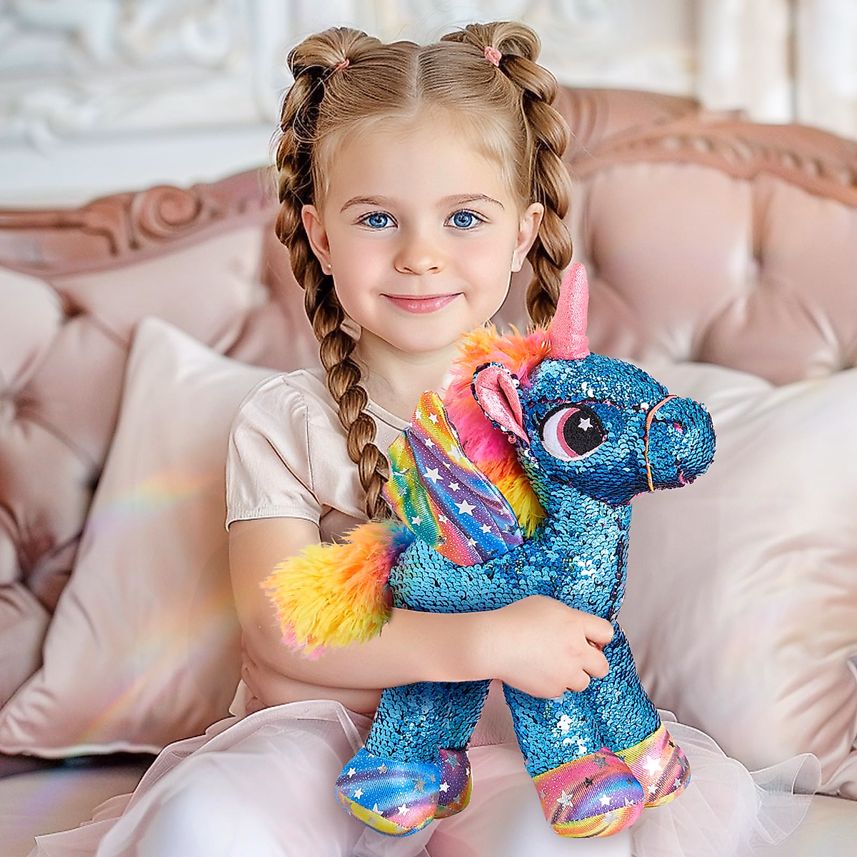 Athoinsu 13'' Blue Flip Sequin Unicorn Stuffed Animal Plush Toy with Reversible Glitter Sequins Sparkle Birthday Children's Day Christmas Valentine's Day Gifts for Kids Toddlers