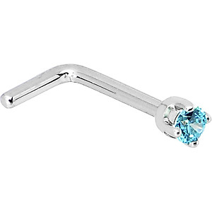 Body Candy Solid 14k White Gold 2mm Mint Green Cubic Zirconia L Shaped Nose Stud Ring 18 Gauge 1/4"