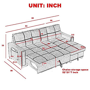Evedy Upholstery Sleeper Sectional Sofa with Storage Chaise-Pull Out Couch Bed Reversible SofaBed for Living Room Furniture Set, Silver Rivets on Both Hands, a-Black
