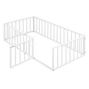 DNYN Twin Size Metal Floor Bed Frame with Door for Kids Bedroom,Metal Struture Bedframe w/Fence,No Box Spring Needed,77" x 41.1"x 21.7"H, White
