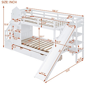 CITYLIGHT Castle Bunk Bed Twin Over Twin,Wooden Bunk Beds with Slide and Storage Stairs,Space Saving Twin Bunk Bed with 2 Drawers and 3 Shelves,Kids Bunk Bed for Girls Boys,White