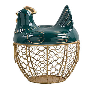 Hemoton Metal Wire Egg Basket Chicken Egg Storage Skelter Basket with Ceramic Farm Chicken Cover Egg Holder Organizer Container