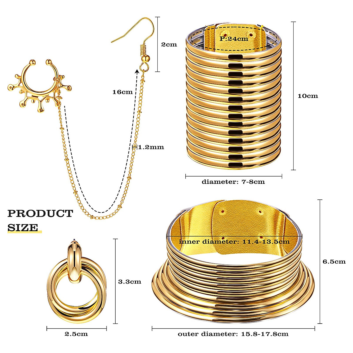 5 Pcs African Vintage Gold Flamboyant Jewelry Set Egypt Choker Bracelet African Nose Rings Hoop Chain Earrings Crown Headpiece Sunburst Spiked Headband for Women Costume Accessories Theme Party