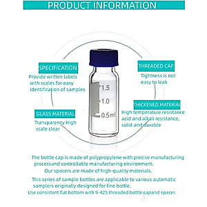 2ml HPLC Vial, 9-425 Borosilicate Autosamper Vial with Graduation, Clear Sample Vial and 9mm Blue Screw Cap with Hole, Red PTFE&White Silicone Septa, Pack of 100