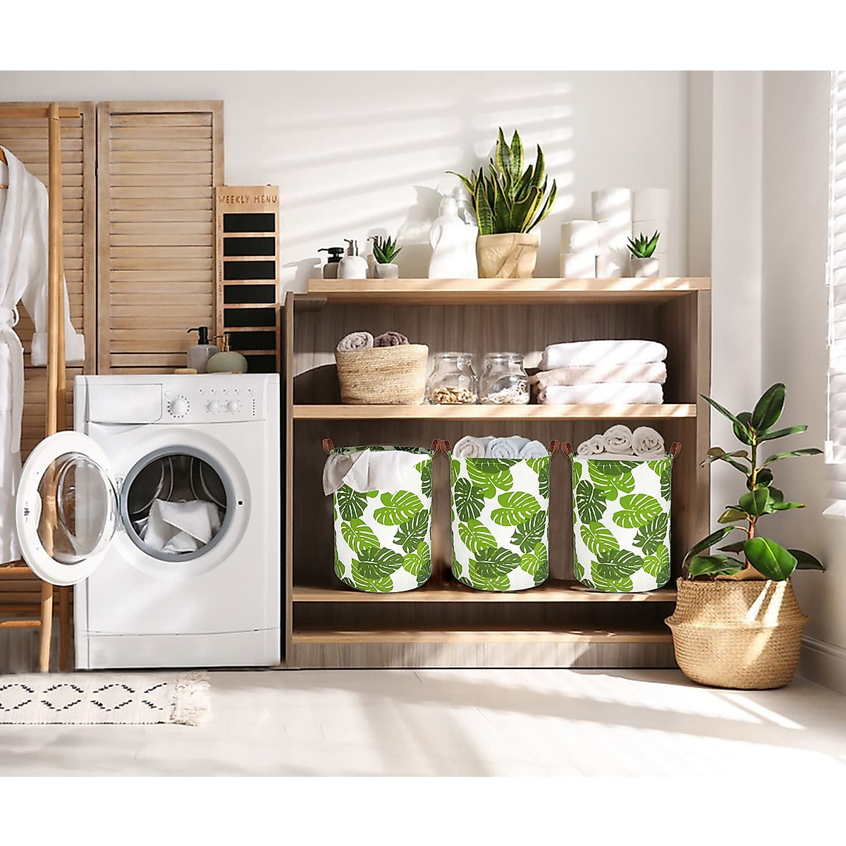 HIYAGON Laundry Baskets,Collapsible Hamper, Canvas Fabric Laundry Hamper,for Toy Organizer Bins,Gift Baskets, Bedroom, Clothes, Nursery,Kids,Boys (Green Leaf)