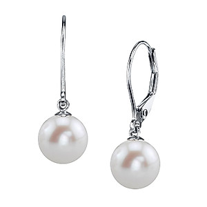 THE PEARL SOURCE AAAA Quality White Round Freshwater Cultured Pearl Hypoallergenic Earrings for Women | 14K Gold Leverbacks Earring | White Gold | 8.0-8.5mm
