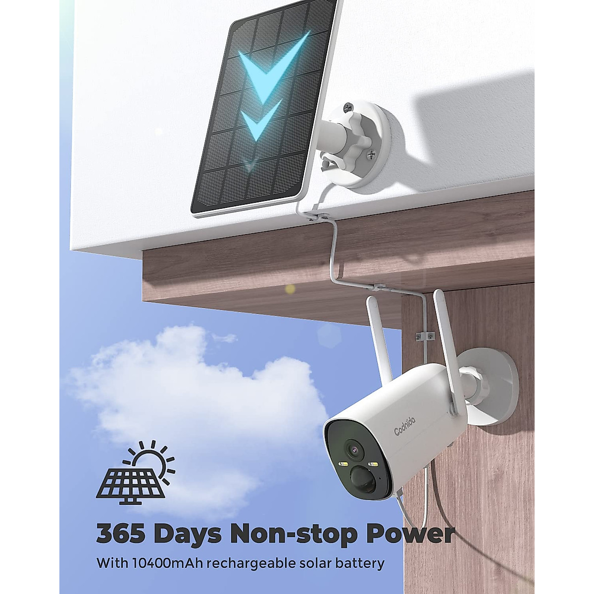 Codnida Wireless Outdoor 2.4Ghz WiFi Security Camera with Motion Detection, Solar Battery Powered, 2K HD, 2-Way Audio,Night Vision, IP66
