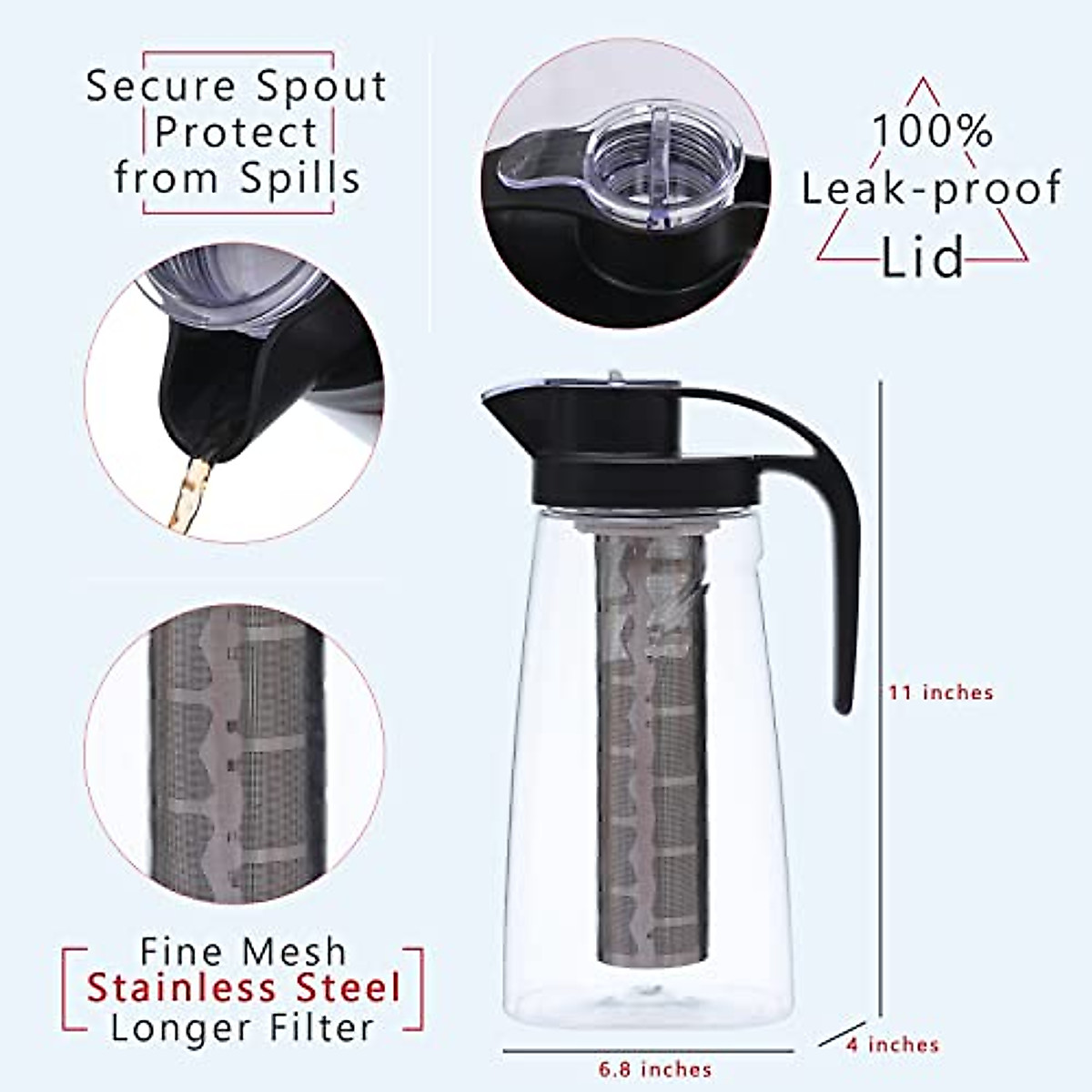 Cold Brew Coffee Maker with Stainless Steel Filter, 70oz, 2-Quart, Airtight BPA-free Tritan Pitcher, Crowed Iced Tea Maker