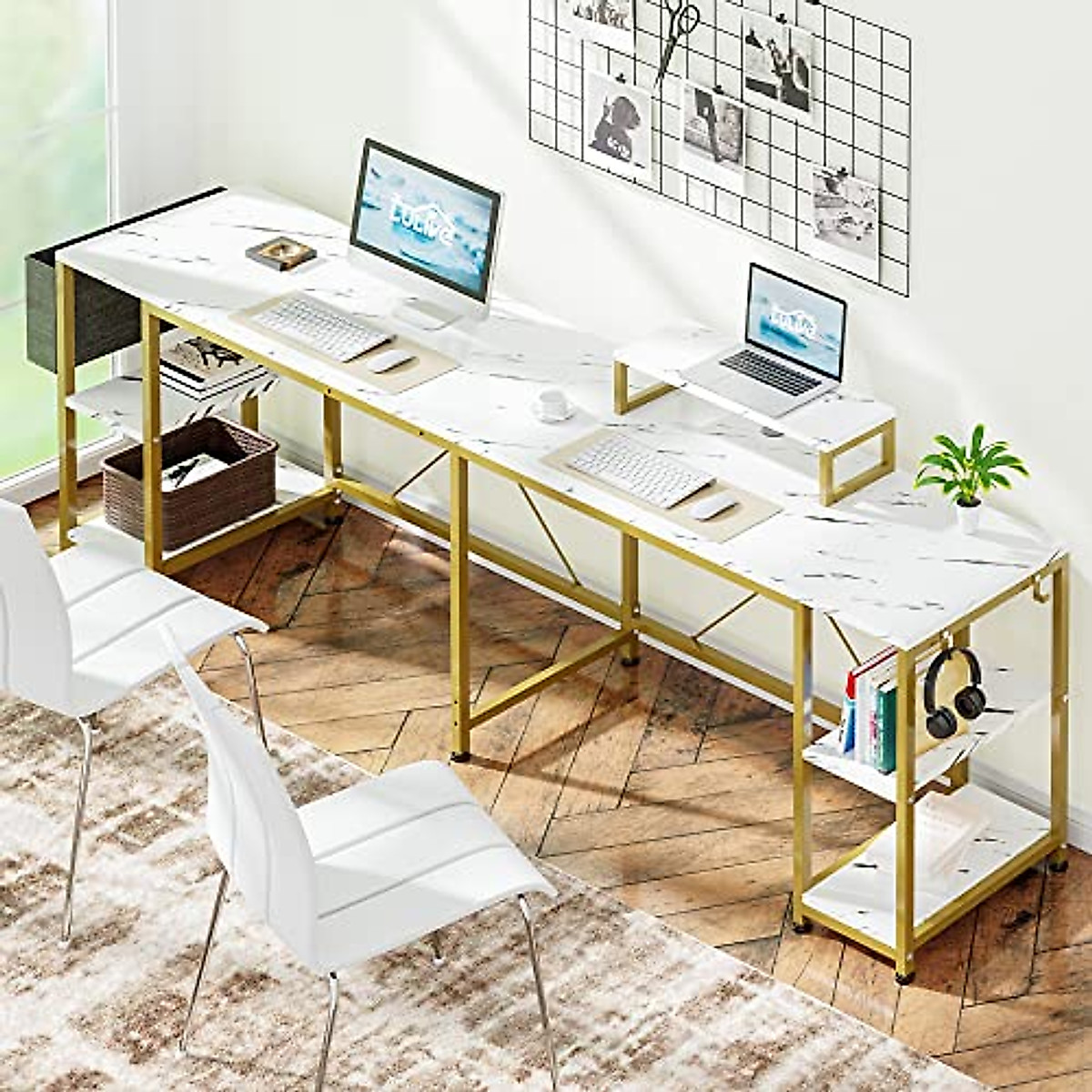 Lulive L Shaped Desk, 95" Reversible Corner Computer Desk with Shelves, Monitor Stand, Storage Bag, Hooks, 2 Person Long Desk for Home Office Writing Study Workstation (White Faux Marble)