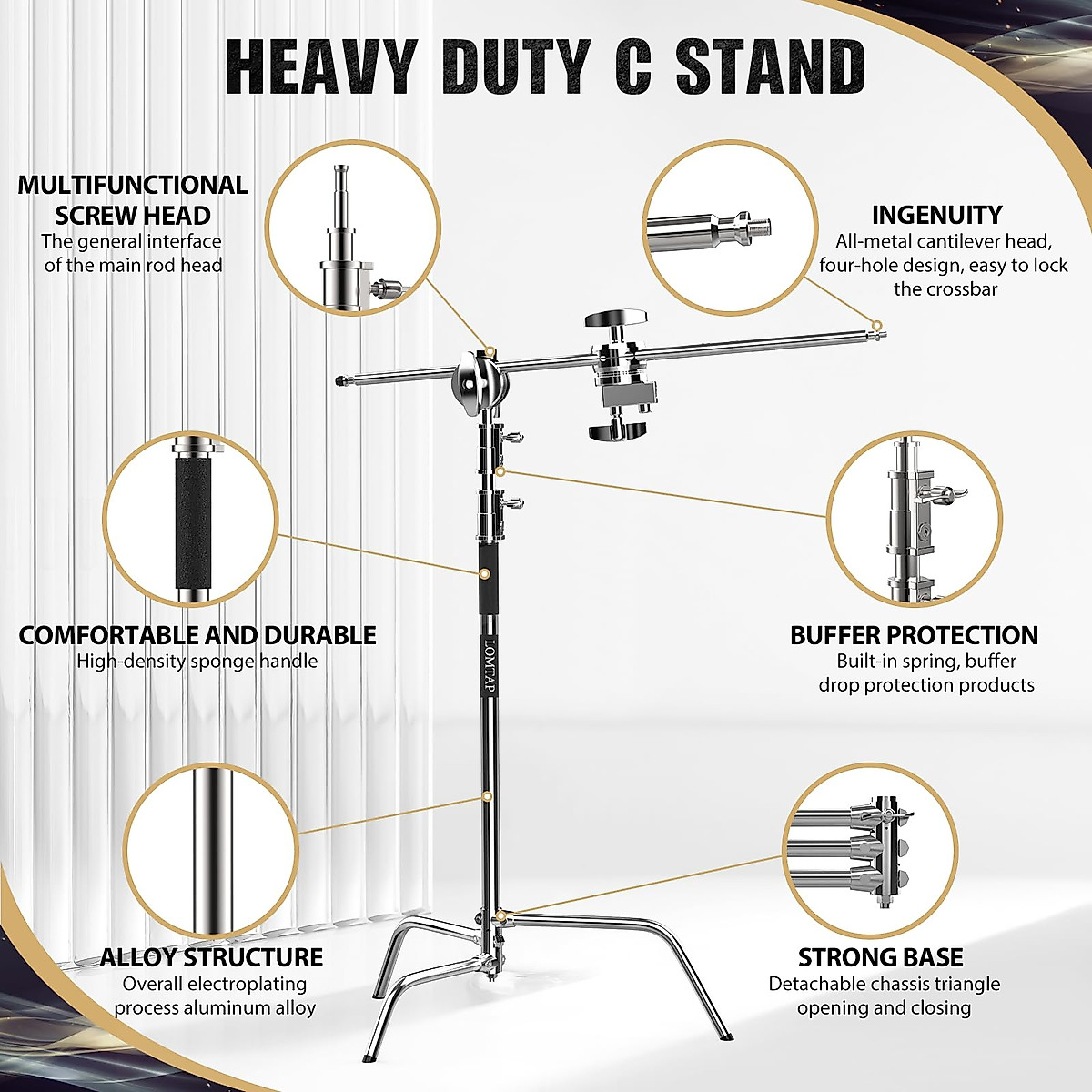 LOMTAP C Stand Light Stand Stainless Metal Photography Kit - Heavy Duty 6.8ft/210cm Vertical Pole, 2.8ft/87cm Boom Arm, Adjustable Base, Water Sandbag, 2 Grip Heads, 3 Clips for Softbox, Reflector