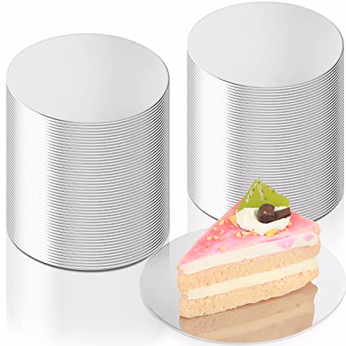 Cake Boards Round 4 Inch Mini Cake Circle Base Boards Disposable Cardboard Cake Plate Round Coated Cakeboard for Kitchen Baking Caking Pizza Dessert Cupcake Tray (Silver,50 Pieces)