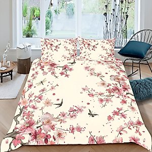 CCoutueChen Japanese Cherry Blossoms Duvet Cover Set King Size Pastel Pink Floral Comforter Bedding Set Nature Duvet Covers for Girls Women Adults Exquisite Flowers Duvet Cover with 2 Pillowcases