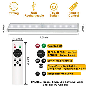 Remote Control Under Cabinet Lighting Wireless 6 Pack, 20-LED Dimmable Closet Lights Rechargeable Under Counter Light, Stick on Touch Night Light Strip Bar for Kitchen Stairway Bedroom, 3 Colors