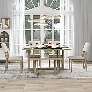 KoiHome 6-Piece Retro H-Shaped Support Design Dining, 4 Chairs with Soft Cushions Bench, Kitchen Table Set for Home/Restaurant Furniture (Natural Wood Wash)